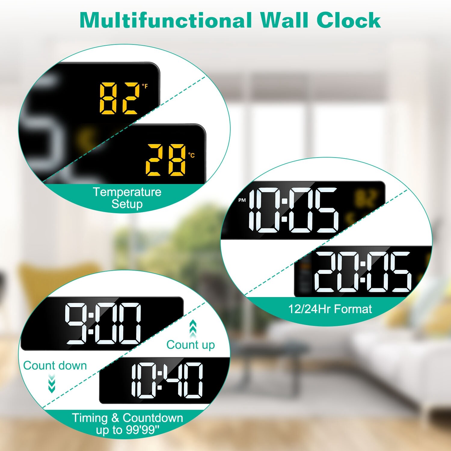 16" Digital LED Desk Alarm Clock Large Display Wall Clock Temperature ...