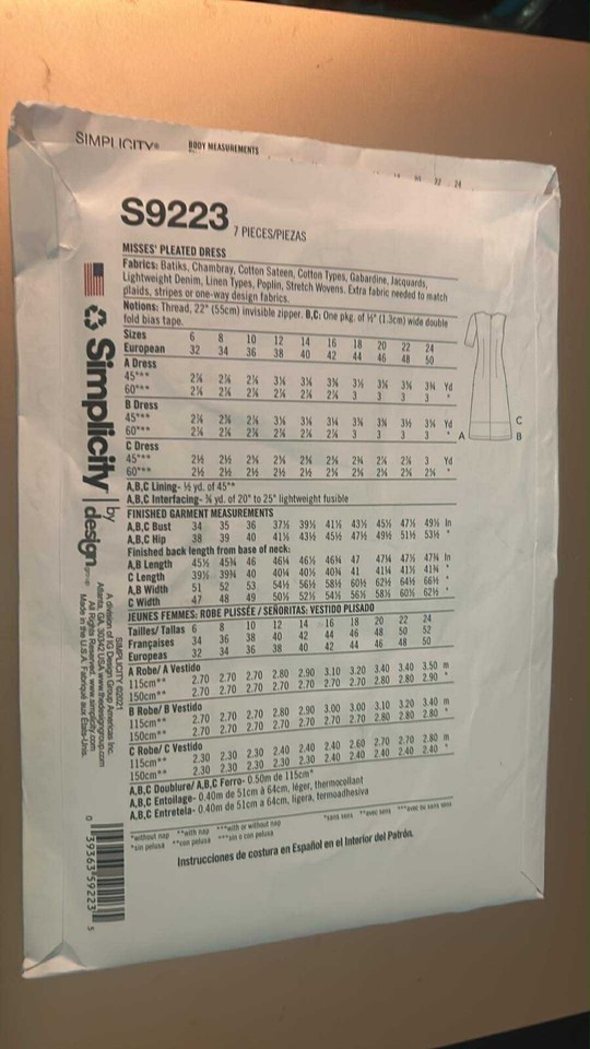 Simplicity S9223 Asymmetrical Pleated Dress Sewing Pattern size 6 8 10 ...