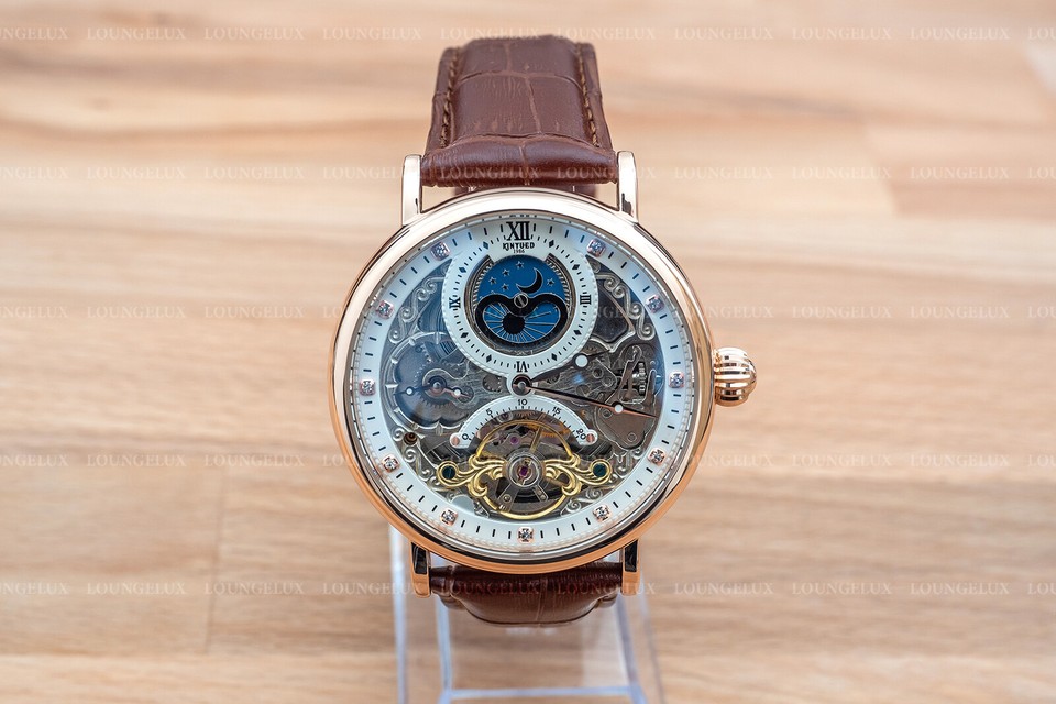 Mens Dual Time Flywheel Automatic Mechanical Watch Rose Gold White Dial ...