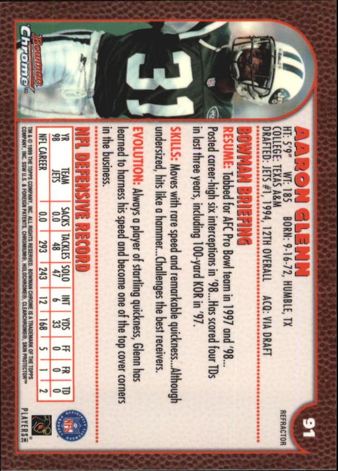 1999 Bowman Chrome Refractors New York Jets Football Card #91 Aaron ...