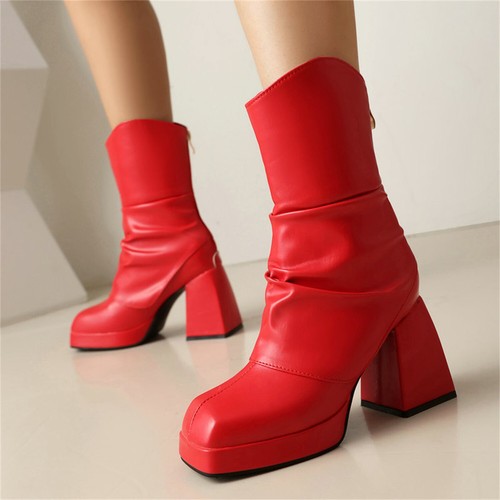 Women's Fashion Pleated Platform Ankle Boots Square Toe Zip Block Heel ...