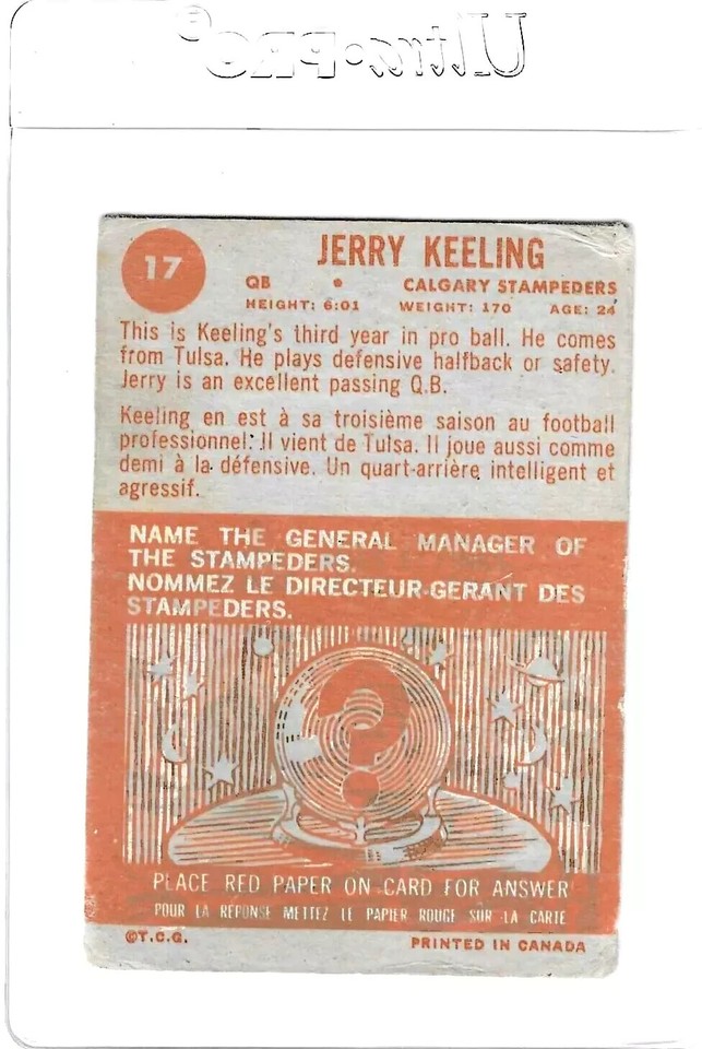 1963 CFL #17 Jerry Keeling Rookie Topps CFL Calgary Stampeders-TulsaU ...