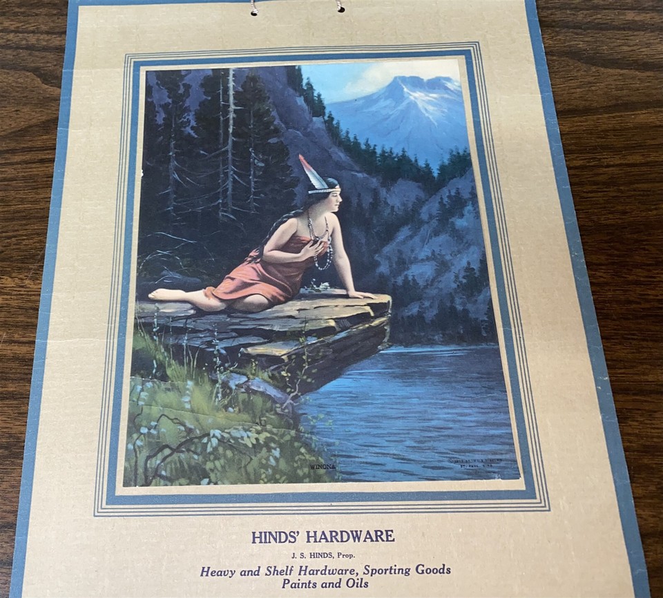 1926 Indian Maiden Calendar WINONA in Mountains 16" x 10.5" Milcor ...