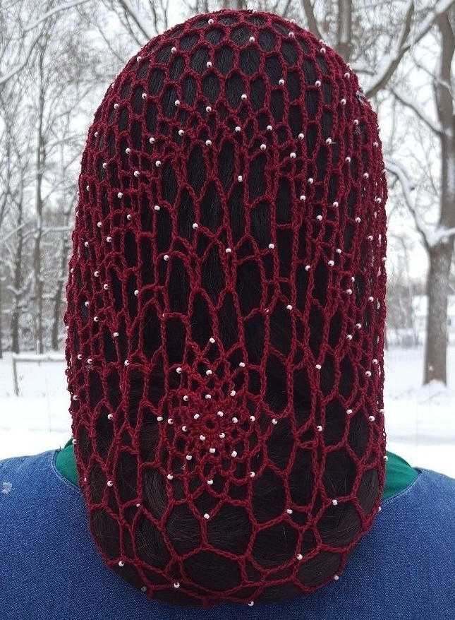 Crochet Glass Pearl Beaded Burgundy Cotton Snood Civil War Headcovering ...