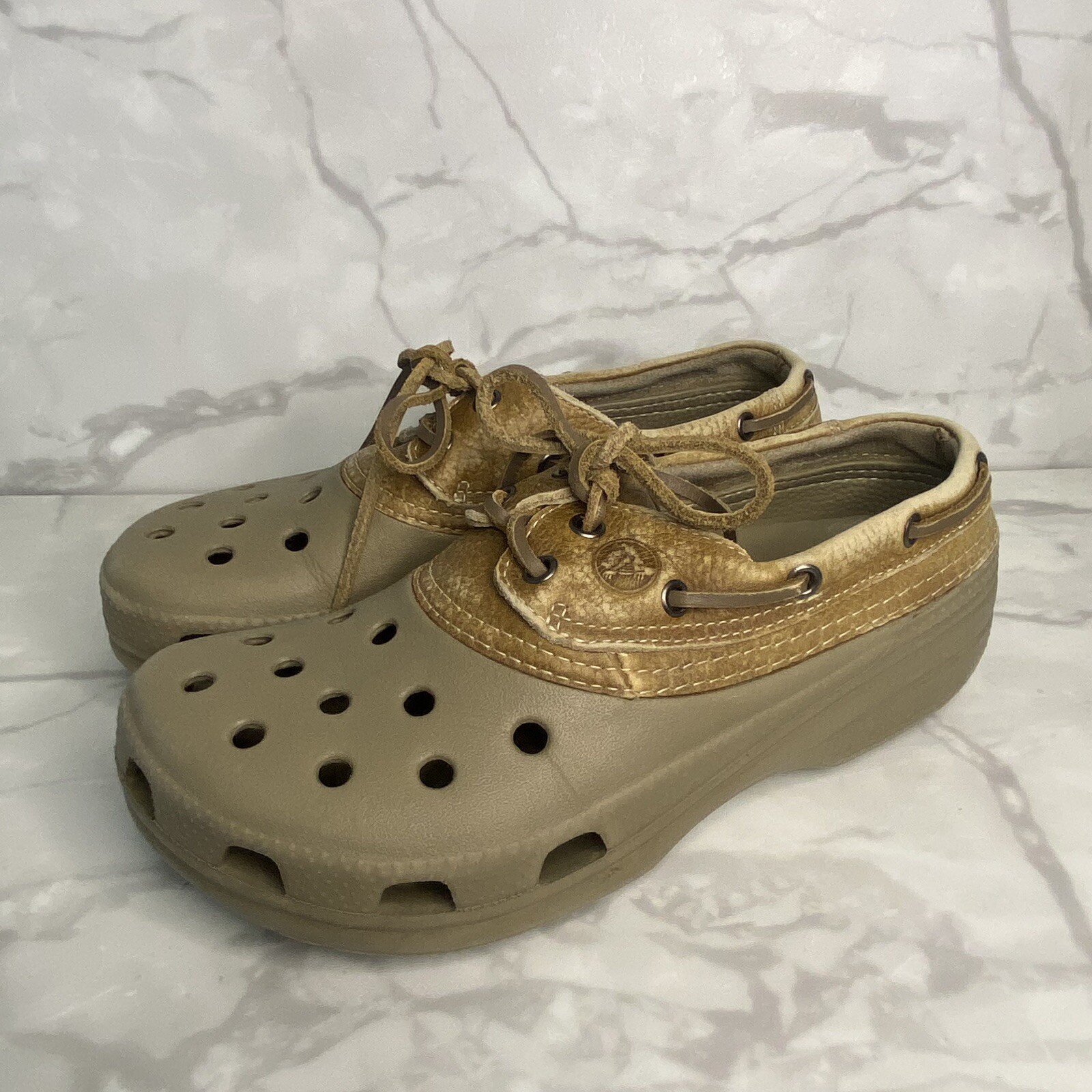 Crocs Mens Brown Leather Islander Pit Crew Boat Shoes… - Gem