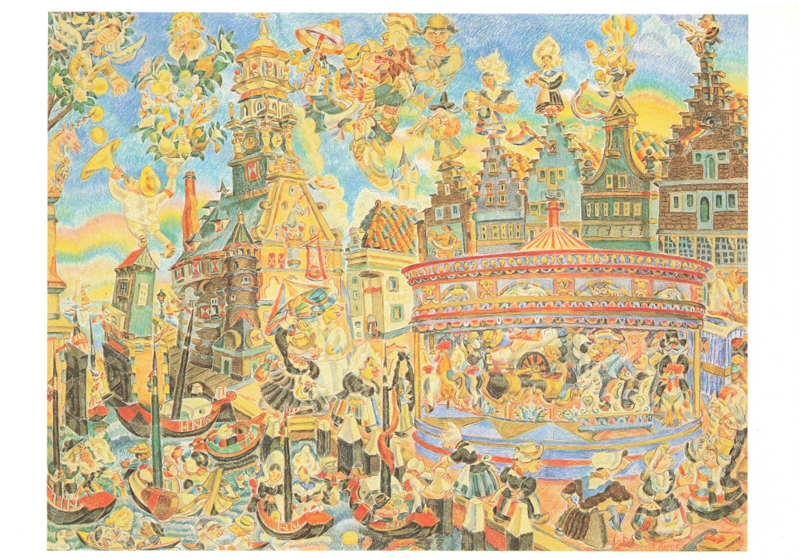 Postcard Carnival Jaap Oudes Dutch Artist Carousel Ride Fair in 1974 ...