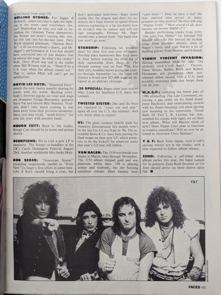 Faces Rocks Magazine August 1986 Metallica, Van Halen, Priest, Twisted ...