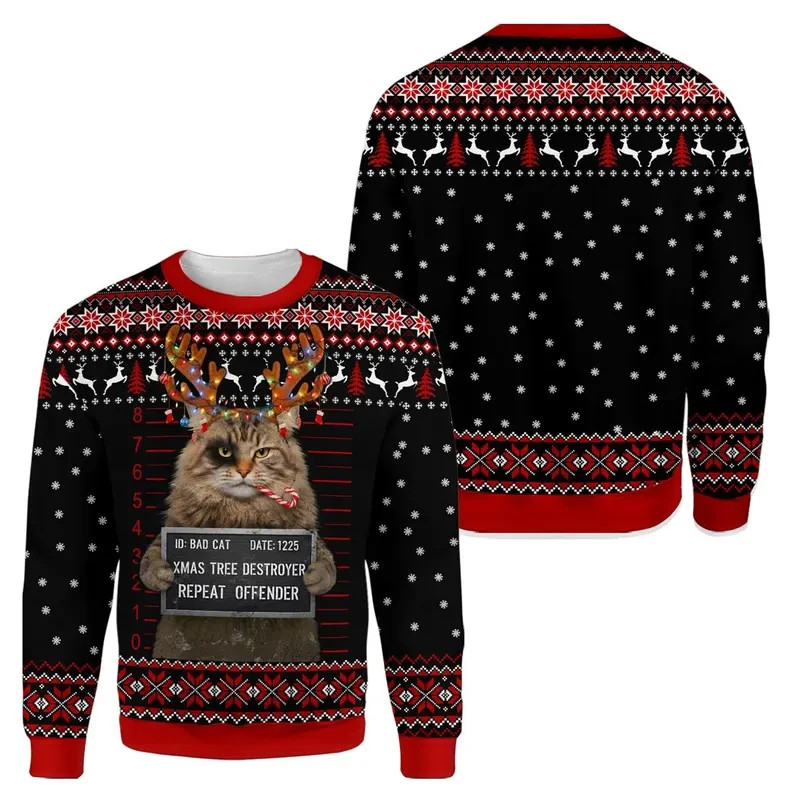 Bad Cat Christmas Ugly Sweater Funny Xmas Tree Destroyer Sweatshirt ...