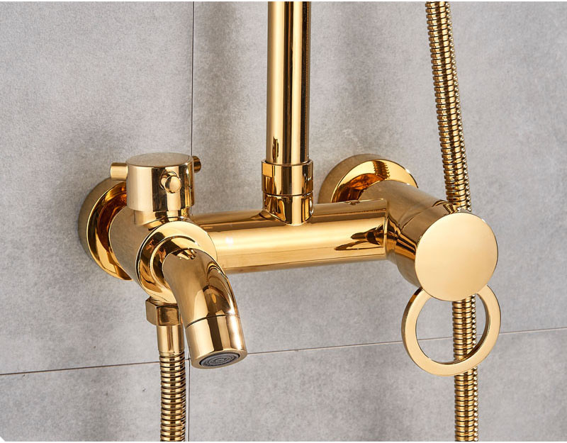 8" Gold Shower Faucet Set Round Rainfall Shower Heads+Hand Held Shower ...