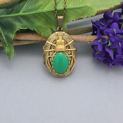 Ox Brass Oval Green Beetle Locket Necklace Jewelry Keepsake Photo ...