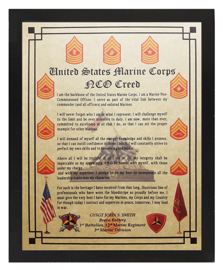 MC-NICE: MARINE CORPS NCO Creed ALL UNITS Framed PERSONALIZED | eBay