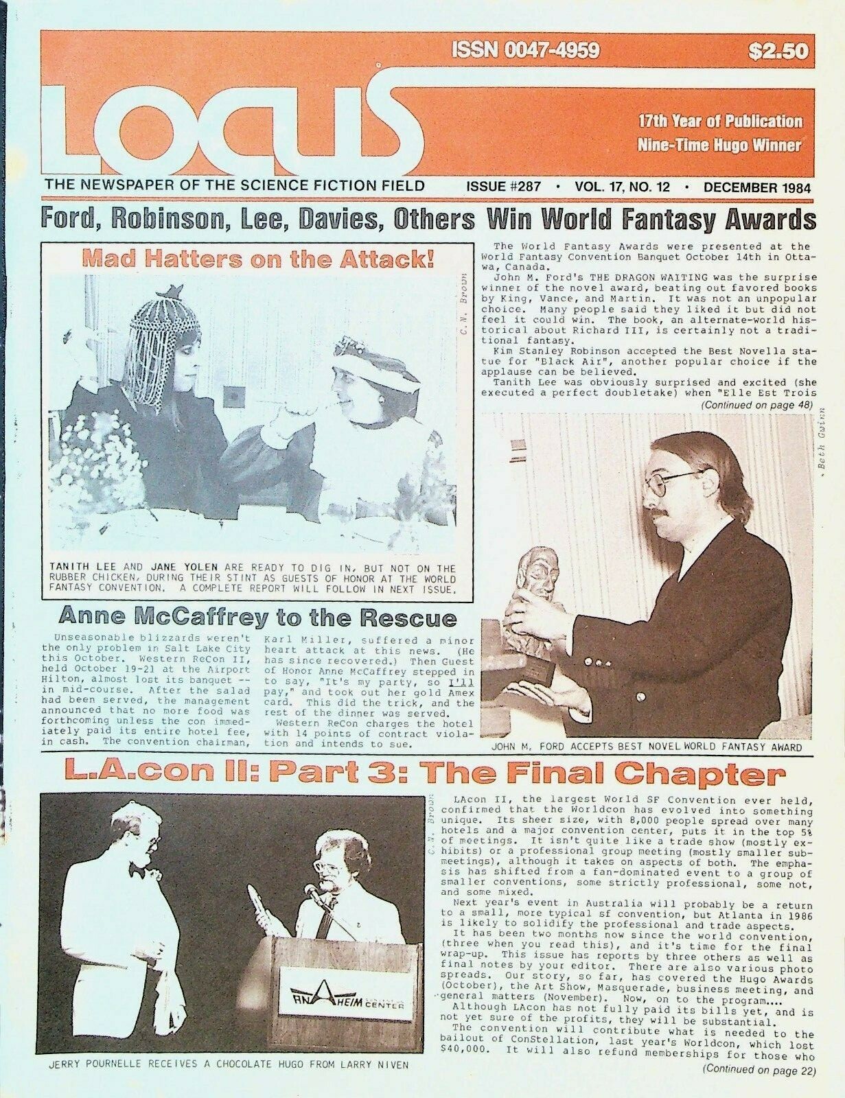 Locus Science Fiction Newspaper December 1984 World Fantasy Awards LA ...