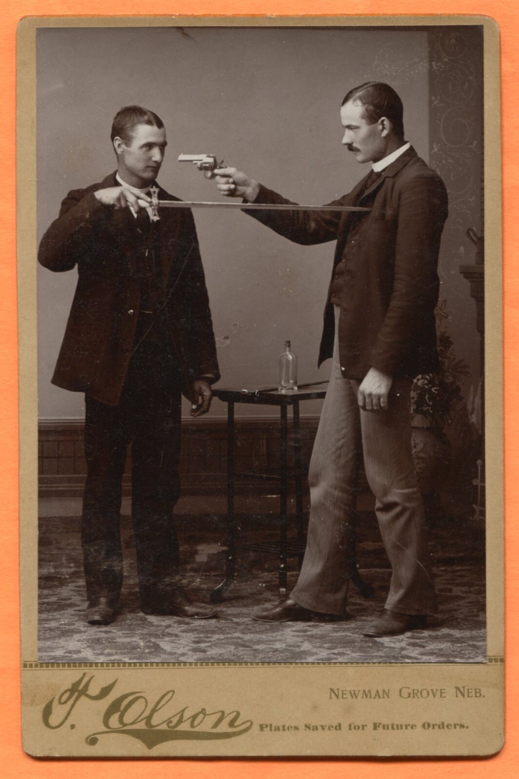 Newman Grove, NE, Portrait of Dueling Men w Sword & Gun, by Olson ...