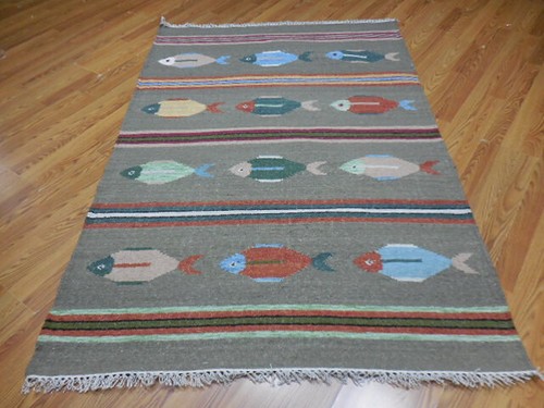Turkish Rug Rug,Handmade(Tree Of Life)Fish Design Kilim Flat Weave Rug ...