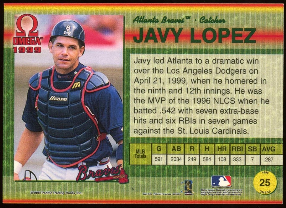 1999 Pacific Omega Baseball Card #25 Javy Lopez, Atlanta Braves | eBay