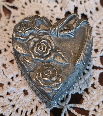 Pewter heart shaped trinket box hearts & ribbon keepsake container mini ...