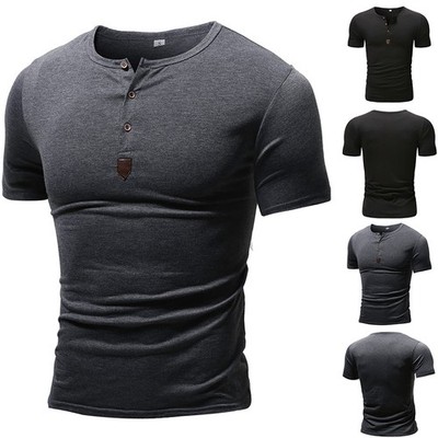 Mens Plain V-Neck Buttons Neck Short Sleeve Tops Slim Fit Muscle Shirt ...