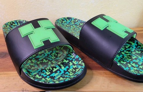 Minecraft Men's Comfort Slide Sandals Green Size 13 Creeper Print New w ...