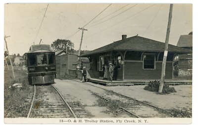 RPPC NY Fly Creek Trolley Station with Trolley O & H 1912 Otsego County ...