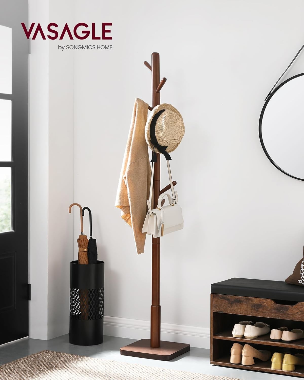 Solid Wood Coat Rack, Free Standing Hall Coat Tree with 8 Hooks, 3 ...