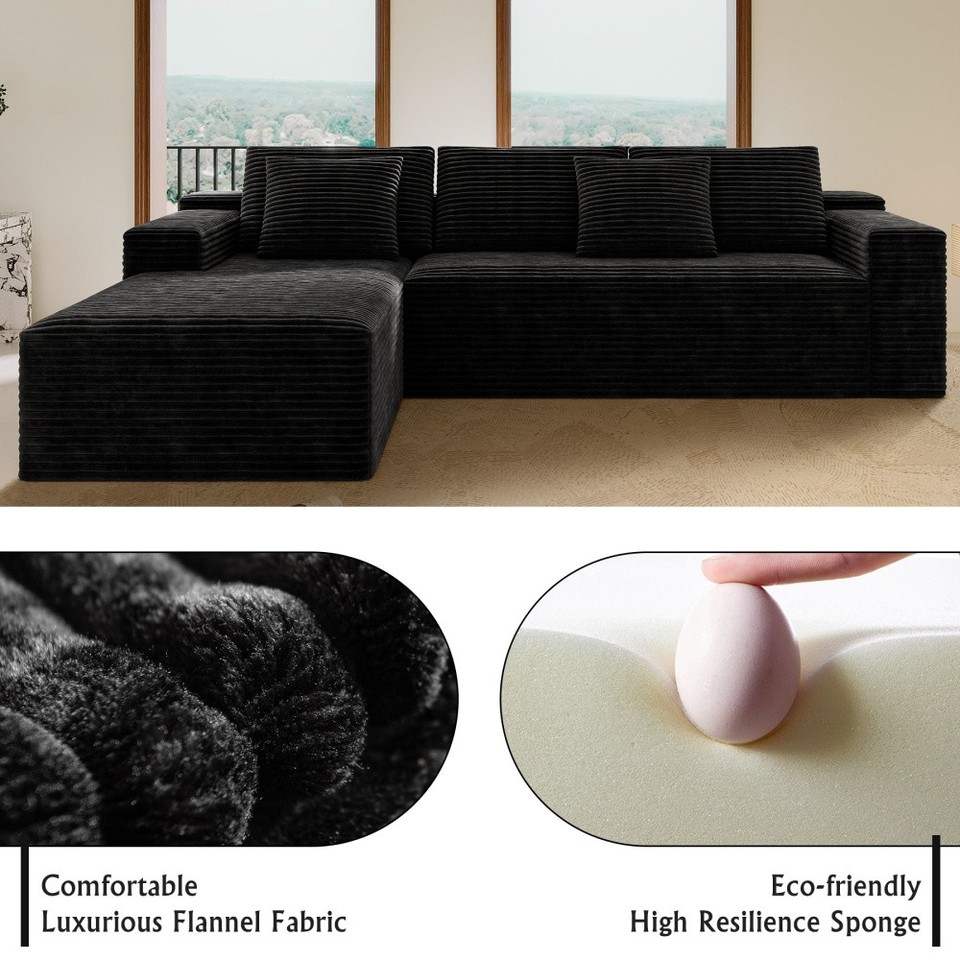 Modern Modular Sectional Sofa w/ L-Shape Chaise, Black Corduroy Fabric ...
