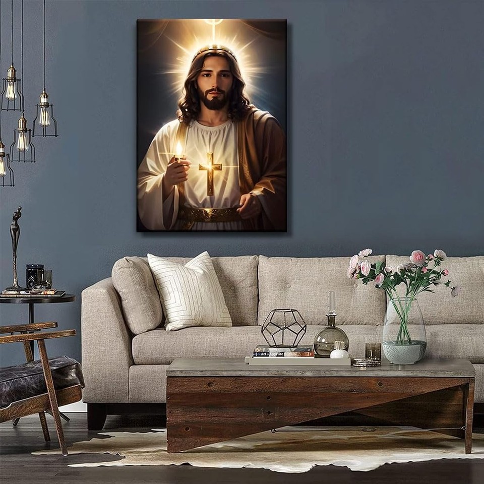 Framed Catholic Jesus Lights Candles Wall Art God Print on Canvas Jesus ...