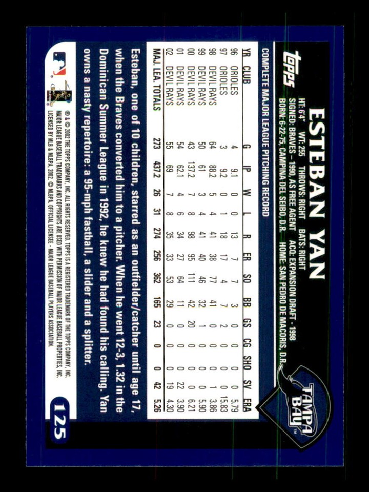 2003 Baseball Topps Esteban Yan Tampa Bay Devil Rays #125 | eBay