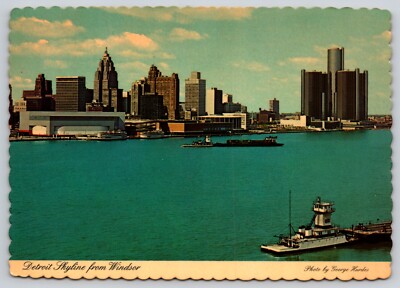 Postcard Detroit Skyline from Windsor Detroit Michigan Deckled Edge ...