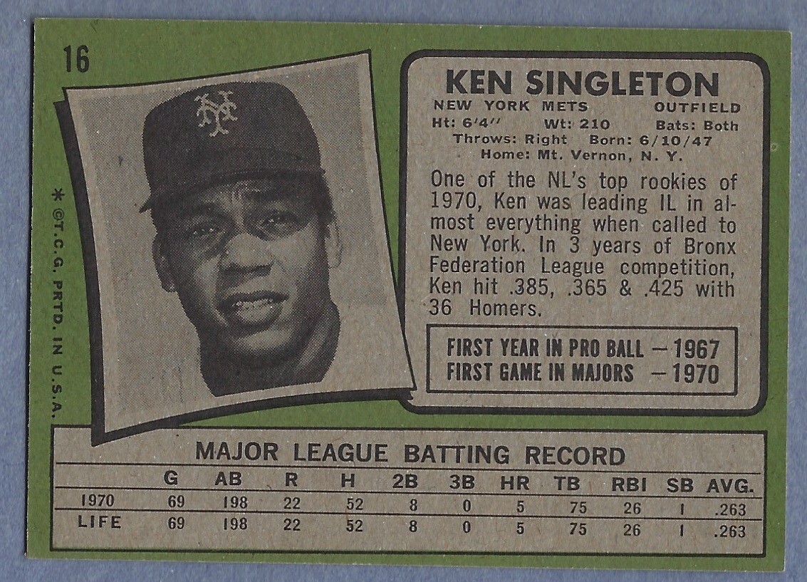 1971 Topps Baseball #16 Ken Singleton Rookie Card Mets Ex | eBay