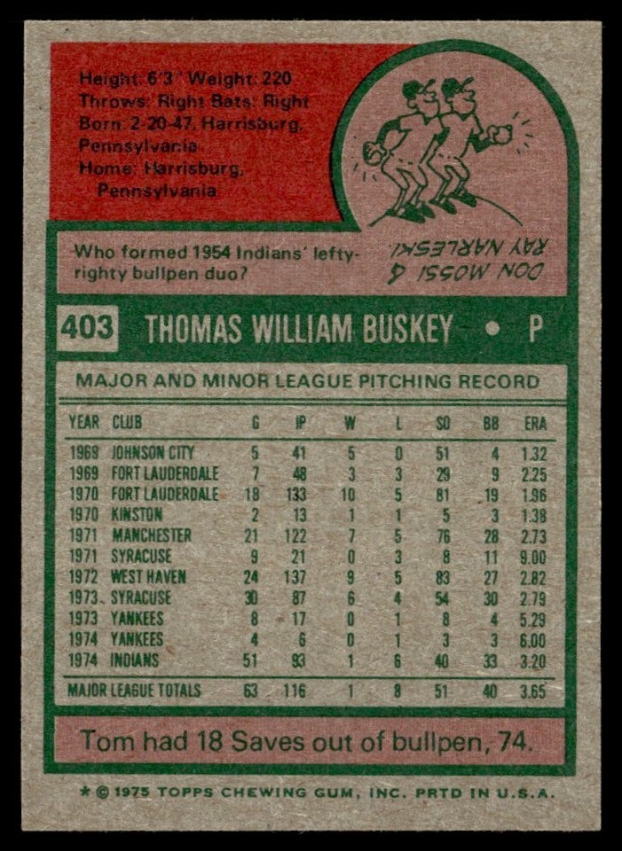 1975 Topps Mini Tom Buskey -- RC Cleveland Indians #403 | eBay