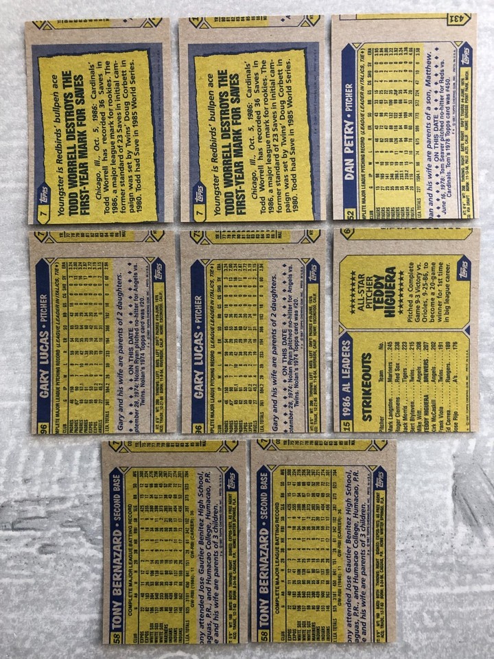 (8) 1987 Topps New York Mets "Wrong Back" Baseball Error Miscut Cards w ...