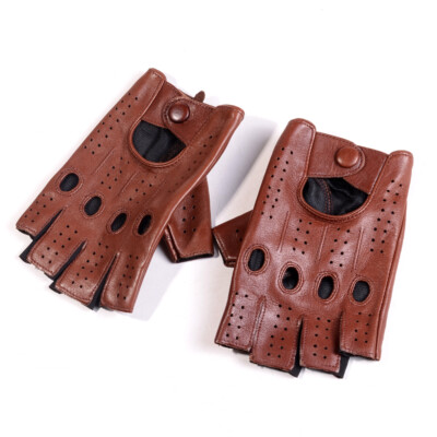 Men's Real Leather Lambskin Military Fingerless Driving Riding Mittens ...