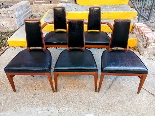Sharp Set of Wood & Black Vinyl MCM Dining Chairs (5) | eBay