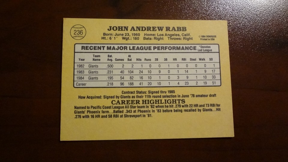 1985 DONRUSS # 236 JOHN RABB BASEBALL CARD | eBay