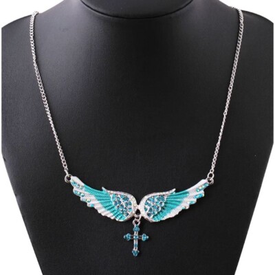 Turquoise Angel Wings & Cross Necklace with A/B Crystals Silver Tone | eBay
