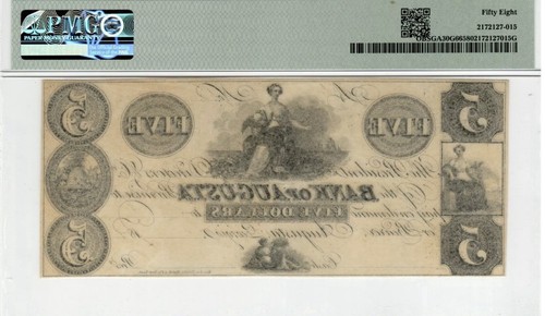 1830s-1850s $5 AUGUSTA GEORGIA Bank Note Obsolete Banknote Currency ...