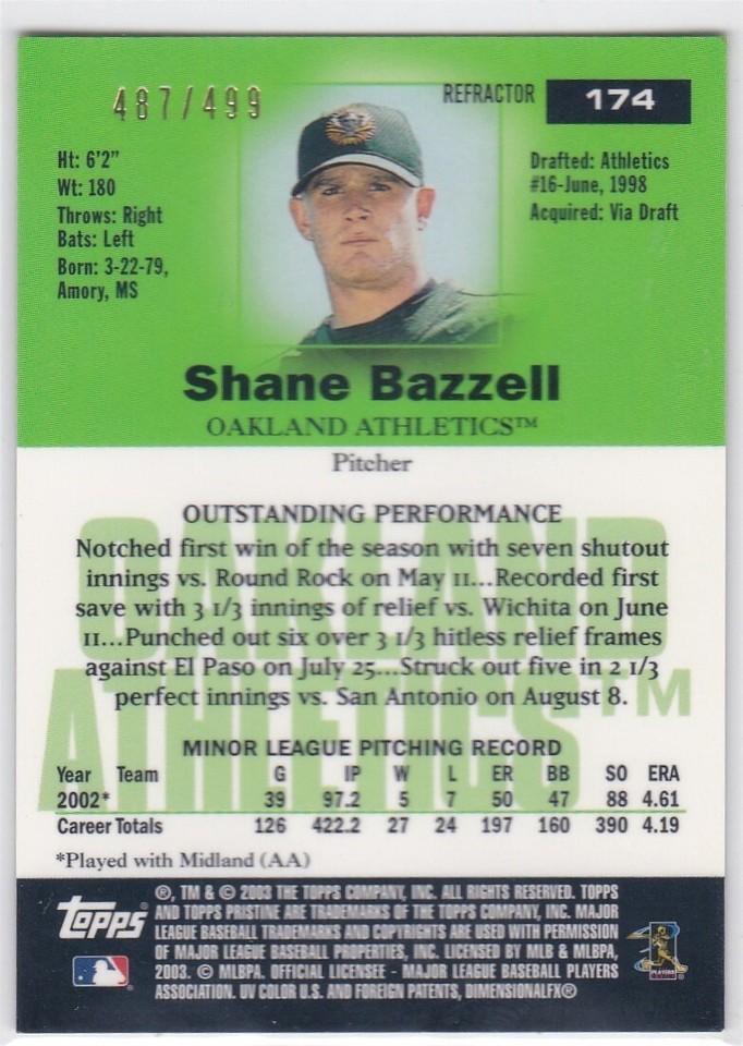 2003 Topps Pristine #174 Refractor Shane Bazzell /499 Oakland A's Free ...