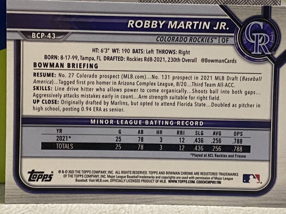 2022 Bowman Chrome Robby Martin Jr. 1st #BCP-43 Colorado Rockies ...