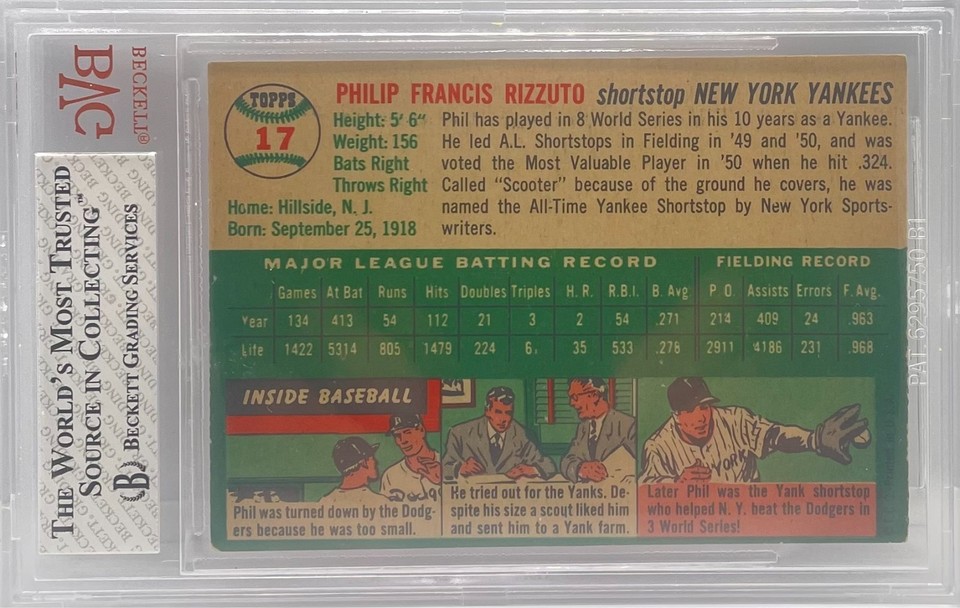 1954 Topps # 17 Phil Rizzuto New York Yankees Shortstop Graded 4.5 VG ...