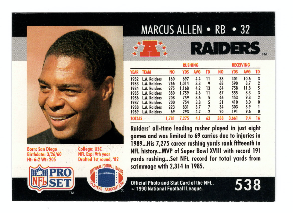 1990 NFL Pro Set Football Card - Marcus Allen #538 - Raiders | eBay