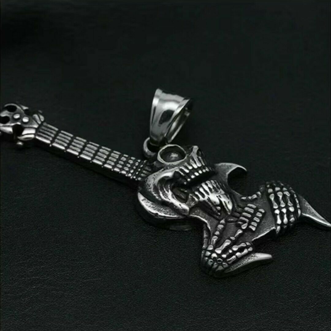 Mens Punk Skull Guitar Pendant Necklace Gothic Retro Rock Jewelry Box ...