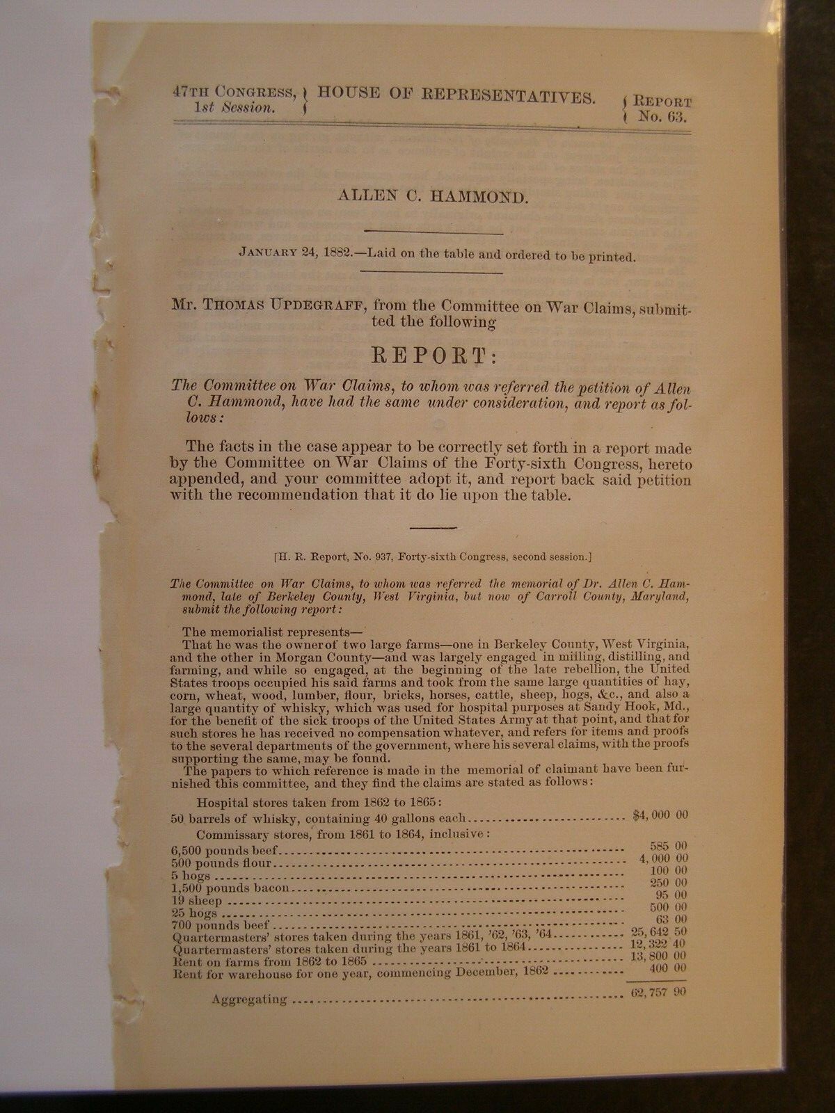 Government Report 1882 Allen C Hammond WV War Claims Milling Distilling ...