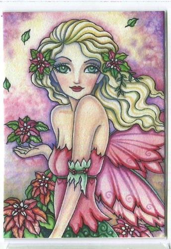 Aceo Christma Pink Poinsettia Girl Fair Blonde Green Eyes Ching Chou Kuik Print | eBay