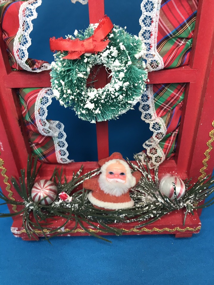 Vintage Kitsch Christmas Decoration Window W Santa, Plaid, Reindeer ...