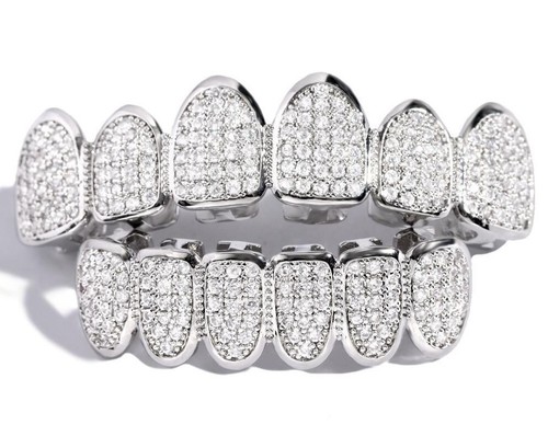 Solid 925 Silver Simulated Diamonds Custom Grillz Teeth Top Bottom Set ...