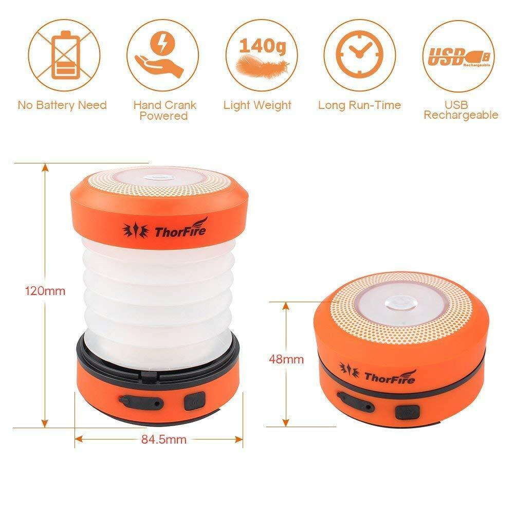 Thorfire LED Camping Lantern Lights Hand Crank USB Rechargeable Orange ...