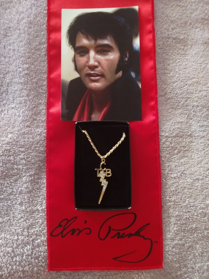 ELVIS PRESLEY TCB GOLD PLATED RHINESTONE NECKLACE&RED SCARF&PRESS PHOTO ...