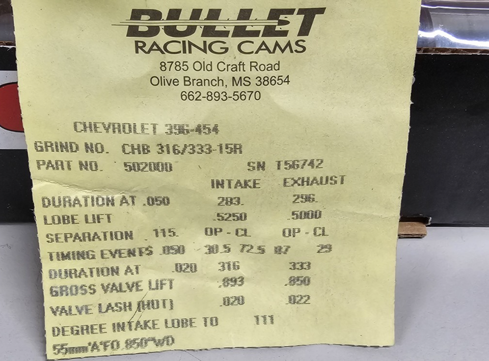 Bullet Racing Cam Chevrolet 396-454 PART # 502000 SOLID ROLLER 55mm | eBay