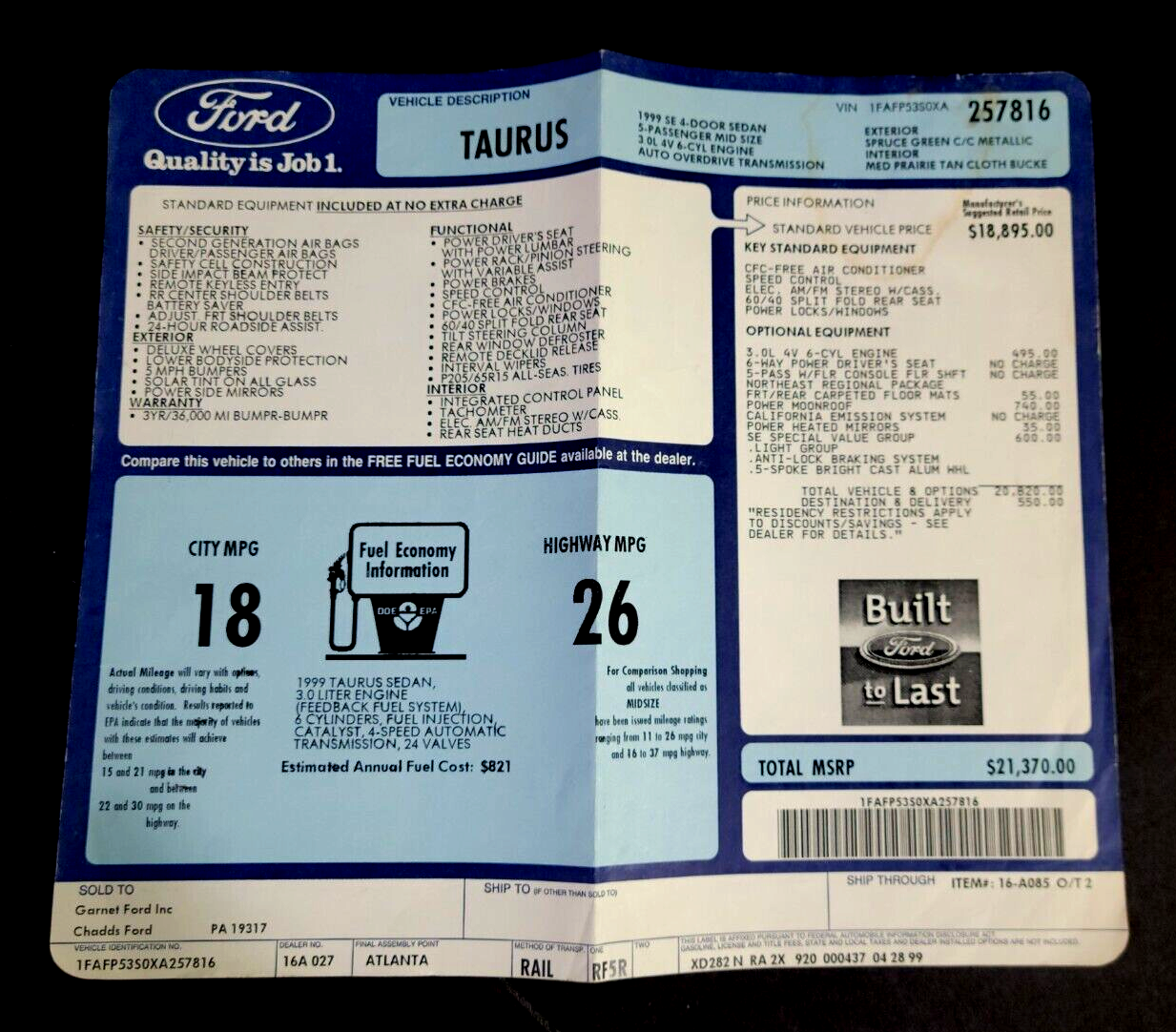 1999 Ford Taurus SE Sedan Original Monroney Label/Window Sticker | eBay