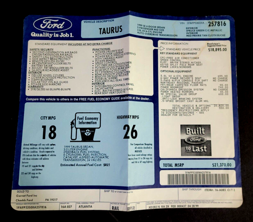 1999 Ford Taurus SE Sedan Original Monroney Label/Window Sticker | eBay